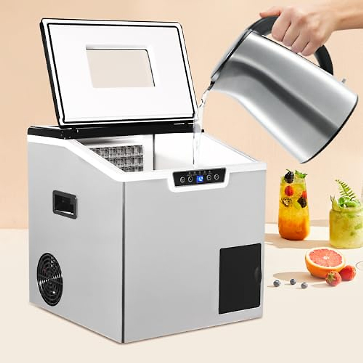 Porkke Square Ice Maker, Ice Crusher, Commercial Ice Maker, 150-180W Desktop Ice Maker, Freestanding Stainless Steel Ice Maker for Milk Tea Shops, Coffee Shops, Offices