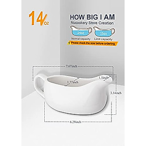 Nucookery Large 14 Oz Gravy Boat With Ergonomic Handle | White Fine Porcelain Saucier With Big Dripless Lip Spout | For Gravy, Warming Sauces, Salad Dressings, Milk, More | Microwave & Freezer Safe