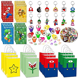 Mario Birthday Party Favors, 98 Pcs Mario Party Decorations Supplies include Mario Gift Bags, Stamps, Mini Notebooks, Keychains, Stickers Best Gift Bag Filler for Themed Party.