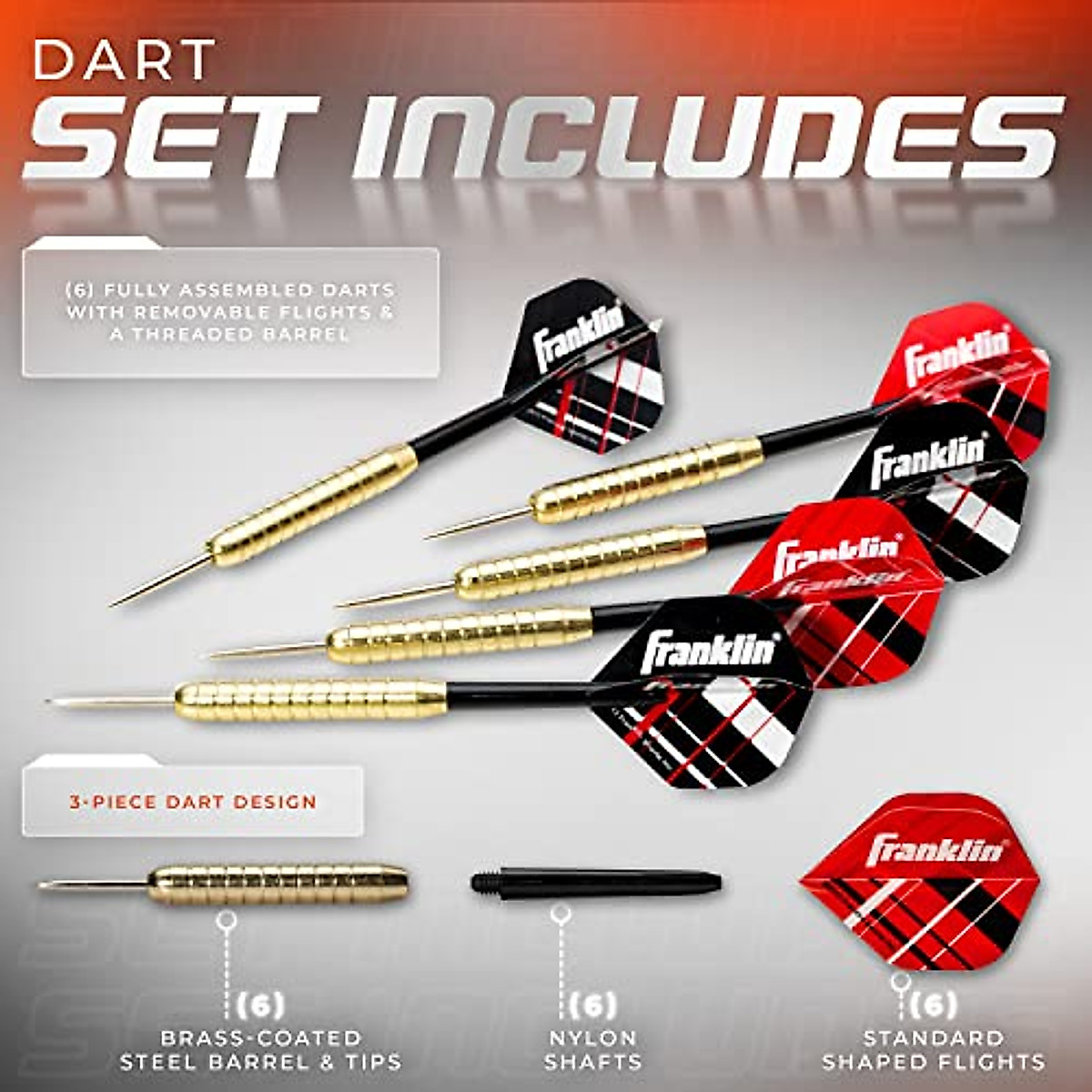 Franklin Sports Steel Tip Darts Set - 6 Pack of 18 Gram Steel Darts - Removable Standard Nylon Flights and Brass Barrels - Lightweight Full Dart Set, Red/Black