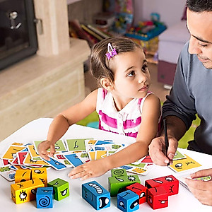 CHIYR Wooden Expressions Matching Block Puzzles Building Cubes Toy Borad Games Educational Montessori Toys for Kids Ages 3 Years and Up