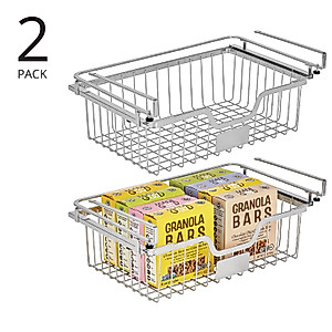 mDesign Wire Under Shelf Organizer for Cabinet - Sliding Basket for Under Cabinet Shelf - Hanging Storage Organizer Rack for Kitchen and Pantry with Label Space - Carson Collection - 2 Pack - Chrome