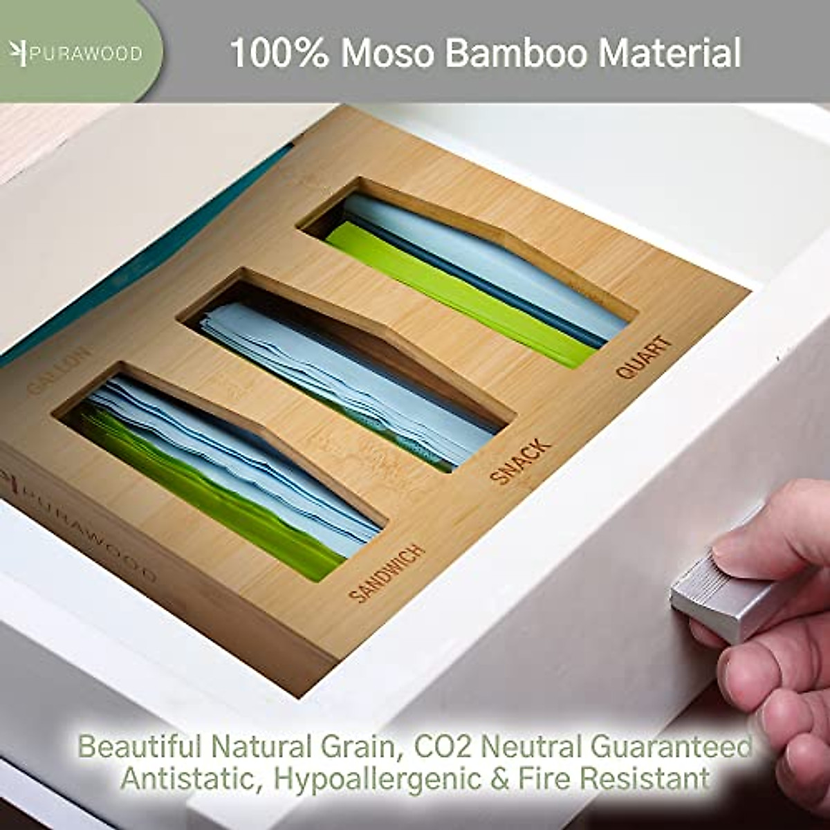 Purawood Ziplock Bag Storage Organizer - Natural Bamboo Drawer Organizer to Declutter Your Kitchen – Easy & Efficient Plastic Bag Organizer - Plastic Bag Holder Compatible with all Brands