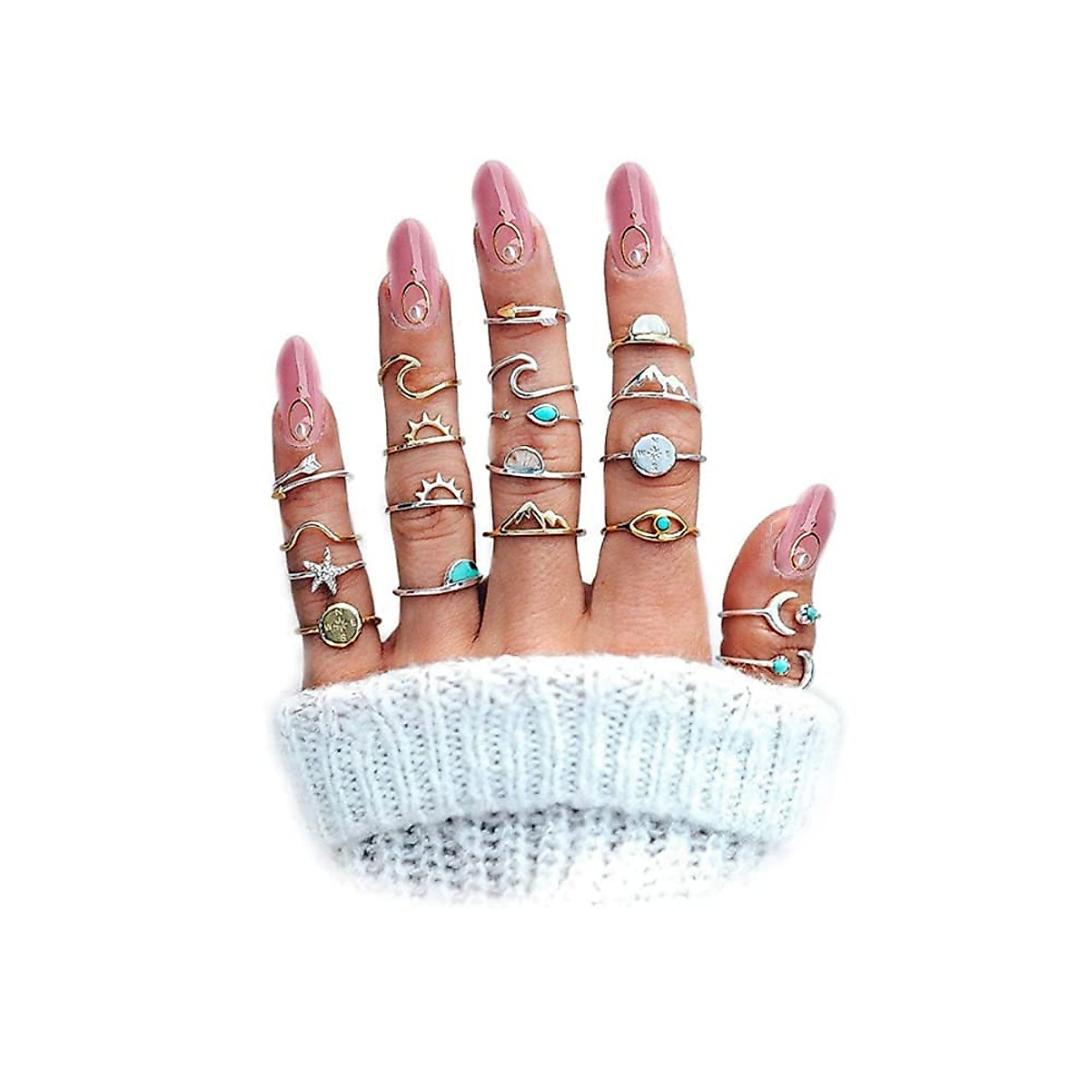 YOOESTORES82 Boho Stackable Ring Set for Women.Turquoise Star Moon Knuckle Rings Midi Finger Rings Set Retro Wave Peak Sea Stacking Joint Ring Sets
