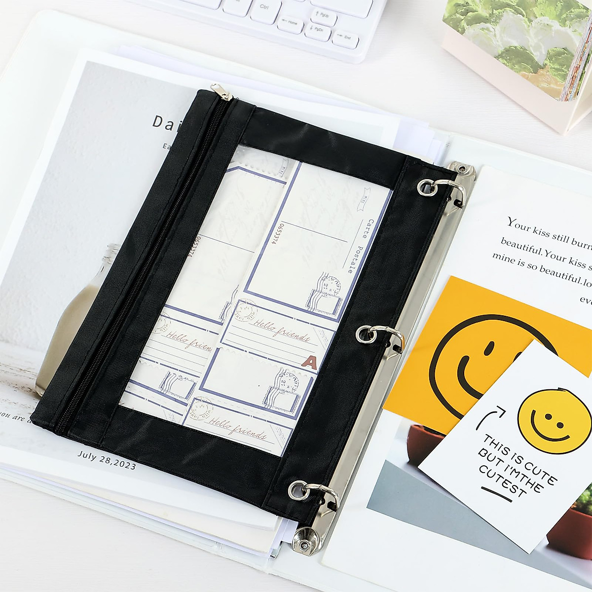 EOOUT 3 Pack Pencil Pouches for 3 Ring, Binder Pencil Pouches with Clear Window Zipper Pencil Cases for Binder (Black)