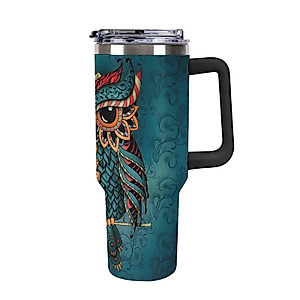 Niapessel Leak Proof Tumbler, Insulated Water Bottles with Straw, Owl Ethnic Insulated Cup with Handle 40 Oz Stainless Steel Flask for School, Travel, Car, Sports, Work