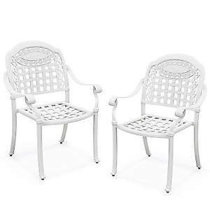 Giantex Stackable Outdoor Chairs Set of 2, All Weather Cast Aluminum Patio Chairs for Lawn Porch Garden Yard, Bistro Dining Chairs with Armrests, Adjustable Foot Pads, Easy Assembly (1, White)