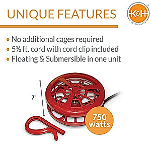 K&H Pet Products Ultimate Stock Tank Deicer w/ Cord Clip Red 750 Watts