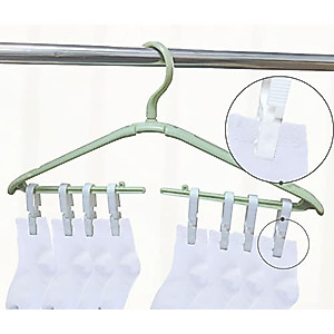 Fineget Foldable Coat Hangers with Clips Portable Travel Shorts Socks Clothes Hangers for Closet Shoes Collapsible Plastic Heavy Duty No Slip Hangers Quick Drying Green 4 PCS + 8 Clips