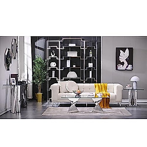 Anewsun Modern Coffee Table, Clear Glass Living Room Coffee Table with Silver Geometric Base