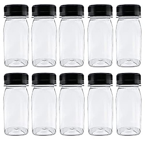 MYYZMY 10 Pcs 4 Ounce Plastic Juice Bottles, Reusable Bulk Beverage Containers for Juice, Milk and Other Beverages, Black lid