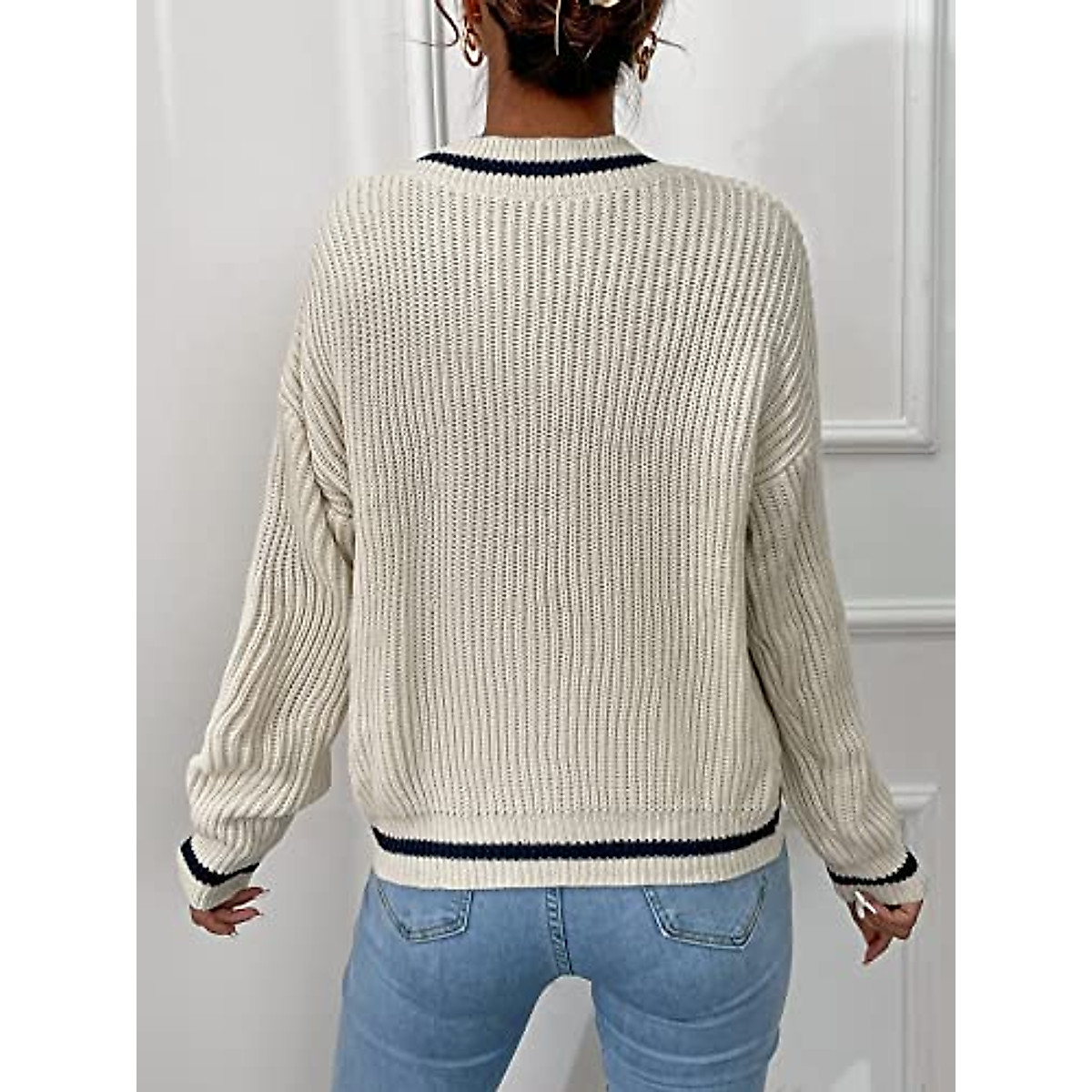 SHENHE Women's V Neck Ribbed Knit Long Sleeve Drop Shoulder Pullover Sweater Tops Beige M
