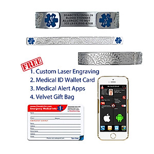 Divoti Custom Engraved Medical Alert Bracelets for Women, Stainless Steel, Medical ID Bracelet w/Free Engraving - Fancy Paisley w/ 6" Cuff (fits 6.5-8.0")-Stainless/Deep Blue