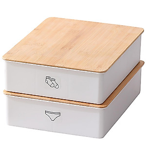 Luxury Bamboo Lid Sock Underwear Organizer Storage Box,10 Cell +15Cell Fabric Organizers and Storage Boxes for Storing Socks, Underwear, Ties (2Pack white)