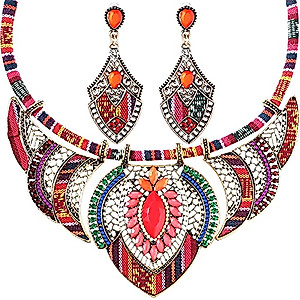 Junkin 2 Pieces African Jewelry for Women Colorful Costume Jewelry Boho Vintage Statement Choker Ethnic Style Necklace Earring Set Bohemian Chunky Collar African Beaded Necklaces Dangle Earrings