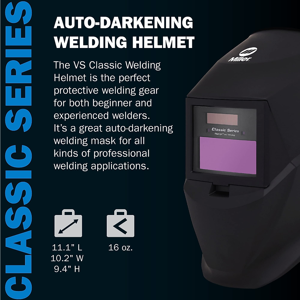 Miller 287803 Classic Series VS Welding Helmet, Auto-Darkening Welding Helmet, Black