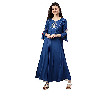 Yash Gallery Indian Rayon Embroidered Regular Kurtis for Women (Blue)