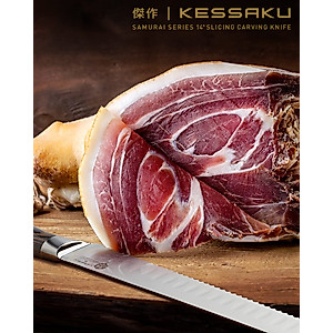 KESSAKU 14-Inch Slicing Carving Knife - Samurai Series - Serrated Granton Edge - Forged High Carbon 7Cr17MoV Stainless Steel - Pakkawood Handle with Blade Guard