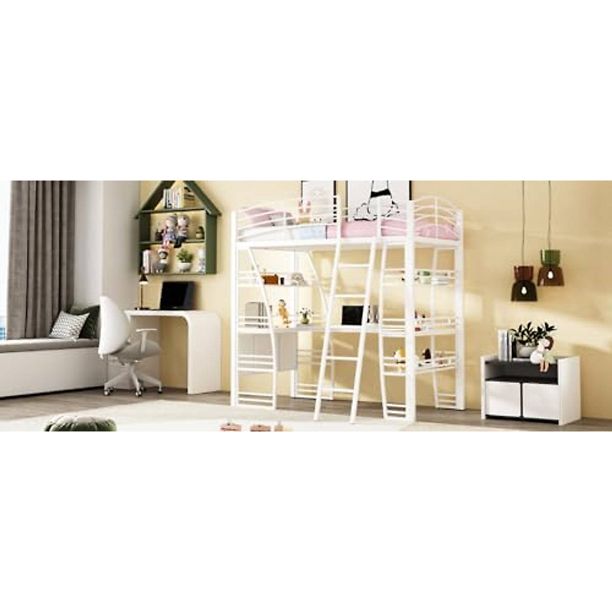 HABUHOME Twin Size Loft Bed with 4 Layers of Shelves and L-Shaped Desk, Stylish Metal Frame Bed with a Set of Sockets, USB Ports and and Wireless Charging, White