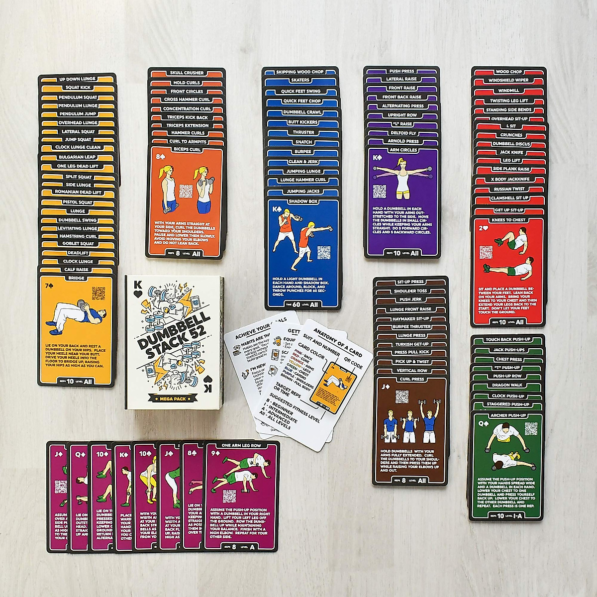Stack 52 Dumbbell Exercise Cards. Dumbbell Workout Playing Card Game. Video Instructions Included. Perfect for Training with Adjustable Dumbbell Free Weight Sets and Home Gym Fitness. (2019 Mega Pack)