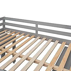 Full Size Loft Bed Frame with Rolling Portable Desk and Cabinet, Wooden Low Study Bedroom Loft Bed with 3 Storage Drawers, Bookshelf, Ladder and Safety Guardrails, Not Included Mattress, Gray