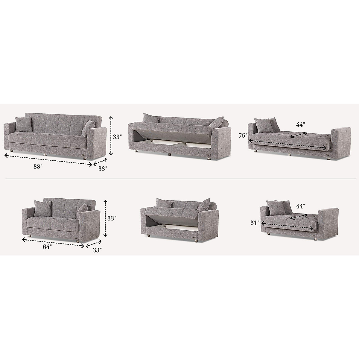 Beyan Signature Empire Furniture USA Niagara Collection Convertible Sofa Bed with Storage Space, Includes 2 Pillows, Gray