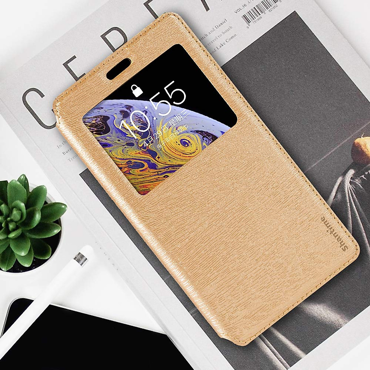 Infinix Smart 5 Case, Wood Grain Leather Case with Card Holder and Window, Magnetic Flip Cover for Infinix Smart 5