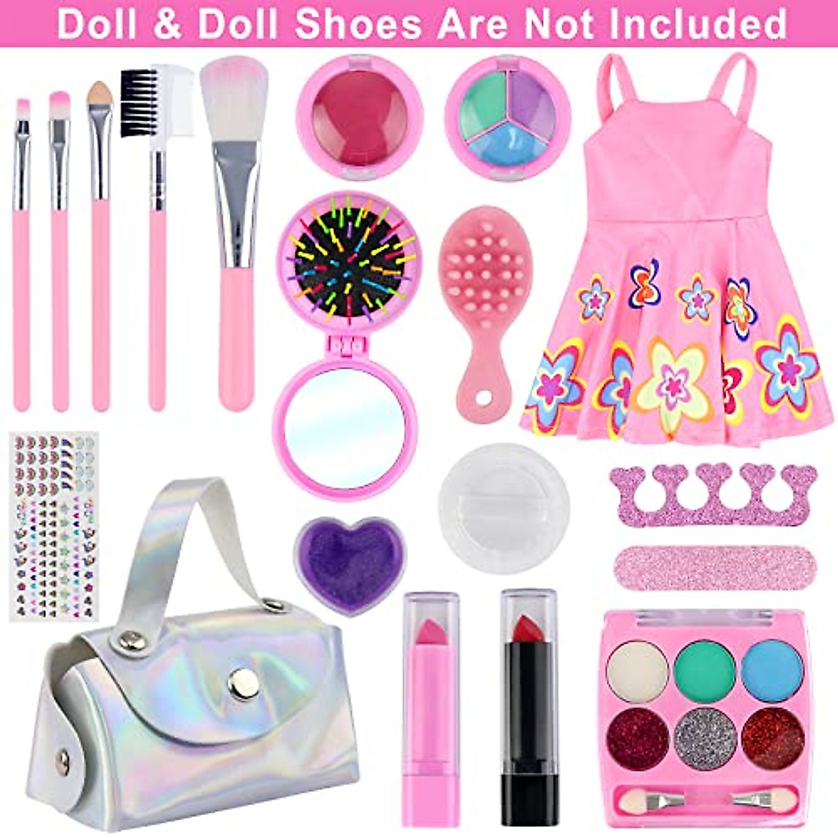 18INDC 18 Inch Girl Doll Accessories Make Up Pretended Toys Set, Washable Makeup Beauty Set Toys for Girl Doll Dress Up Sets for Girls 3-8 Years Old (Doll Not Included)