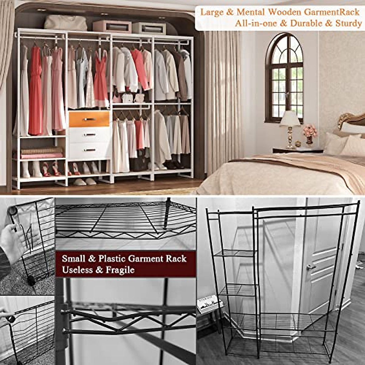 Cyclysio 84'' Heavy Duty Closet System, Large Wooden Garment Rack, L Shape Corner Walk-in Closet, Clothing Rack with Shelves, Closet Organizer System with 11 Shelves, 3 Wood Drawers, 6 Rod, White