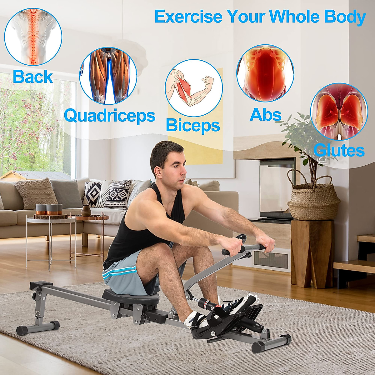 Koreyosh Hydraulic Rowing Machine for Home Use, Full Body Training Equipment with 12 Levels Adjustable Resistance, Foldable for Home Workout & Fitness, 260 Lbs Weight Capacity