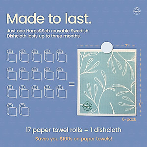 Harps&Seb Swedish Dishcloths for Kitchen Dish Towels - 6 Pack, Reusable Paper Towels with Clips, Super Absorbent Washable Non-Scratch Swedish Dish Towels, No Odor, Biodegradable