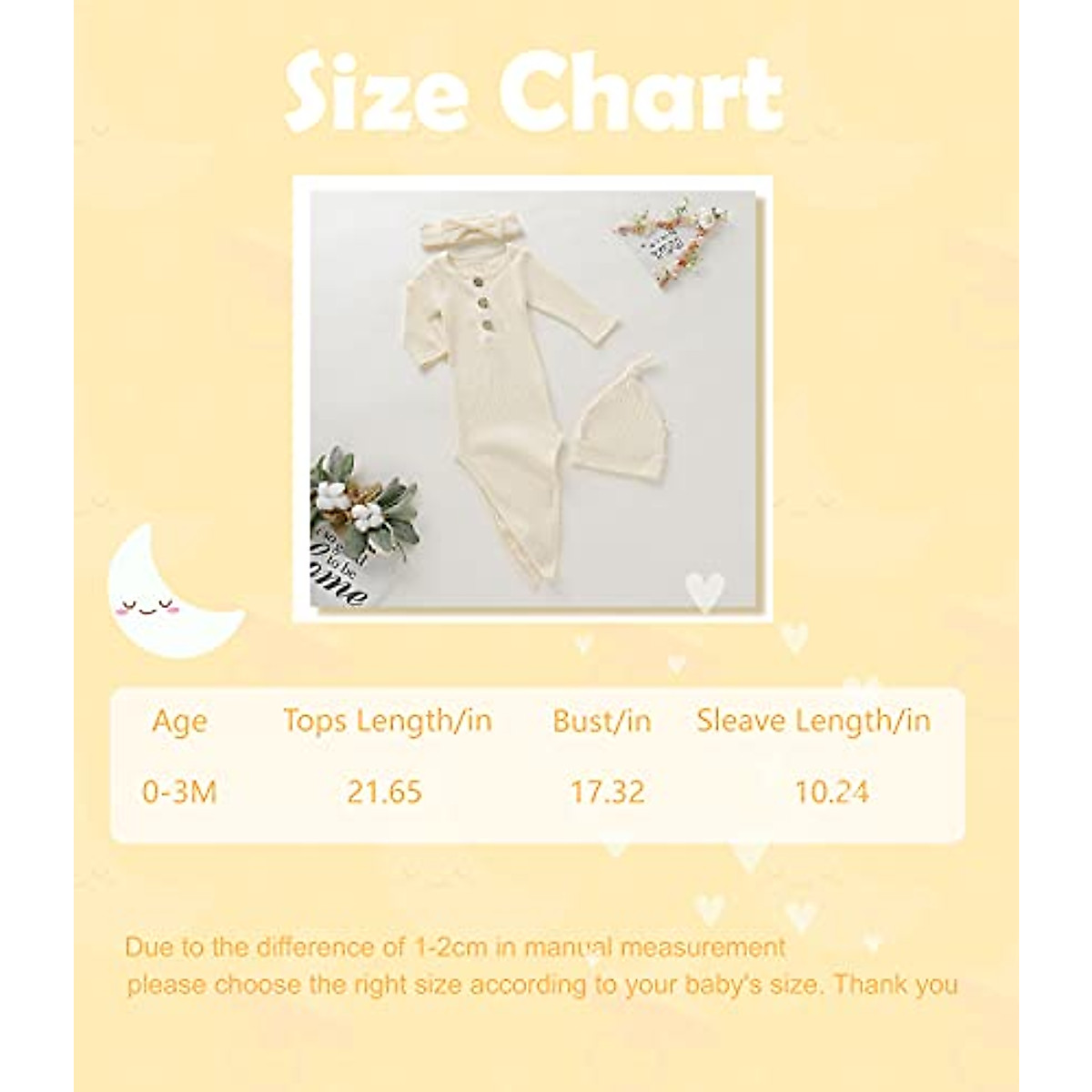 MoryGooder Newborn Cotton Nightgowns Neutral Knotted Sleeper Baby Coming Home Outfit (White,0-6 Months)