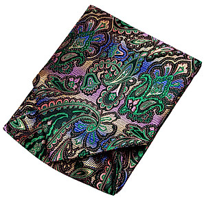 Hi-Tie Men's Cravat And Flower Lapel Pin Set Jacquard Silk Ascot Handkerchief Cufflinks For Wedding Party Daily Dress,Green and Pink