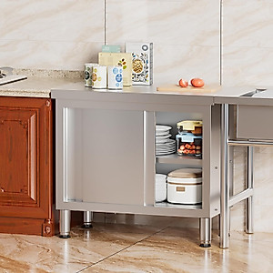 ZZV Stainless Steel Work Table Cabinet with 2 Sliding Doors, 39" x 19" Commercial Kitchen Work Table for Prep & Work, Heavy Duty Prep Table with 2-Layer Cabinet for Home, Restaurant, Garage, Warehouse