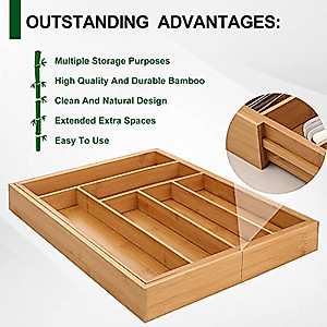 HIWARE Kitchen Utensil Organizer Silverware Organizer Silverware Tray For Drawer, Expandable Bamboo Kitchen Drawer Organizer, Large Utensil Cutlery Organizer/Holder