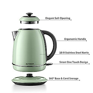 BUYDEEM K640 Stainless Steel Electric Tea Kettle with Auto Shut-Off and Boil Dry Protection, 1.7 Liter Cordless Hot Water Boiler with Swivel Base, 1440W, Cozy Greenish
