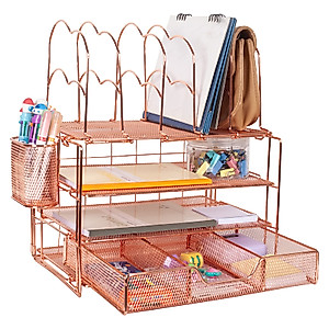 Barelove Rose Gold Desk Organizer with Pen Holder, 4-Trays Mesh Paper Letter File Sorter with 5 Upright Document Rack & Drawer, Desktop Metal Storage Magazine Folder for Home Office School Supplies
