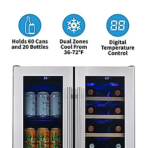 NewAir 24” Wine and Beverage Refrigerator, 18 Bottle and 60 Can Dual Zone Wine Fridge, Built-in Wine Cooler, Stainless Steel Mini Fridge for Bedroom, Kitchen Cabinet, Bar Cabinet, Home Office