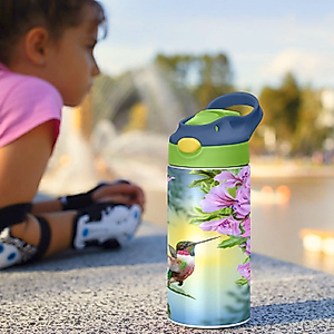 Blueangle Kids Insulated Water Bottle with Straw Lid - 12oz Double Wall Vacuum Travel Tumbler Stainless Steel Reusable Hummingbird on Pink Flowers Kids Cup for School Boy Girl（127）