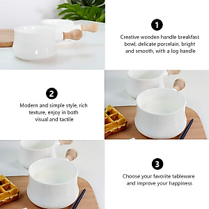 Cabilock Enamel Milk Pot Noodle Bowl Non-Stick Mini Saucepan Butter Warmer with Wooden Handle Small Cookware for Home kitchen Supplies Dessert Cereal Salad Fruit (White About 380ML)