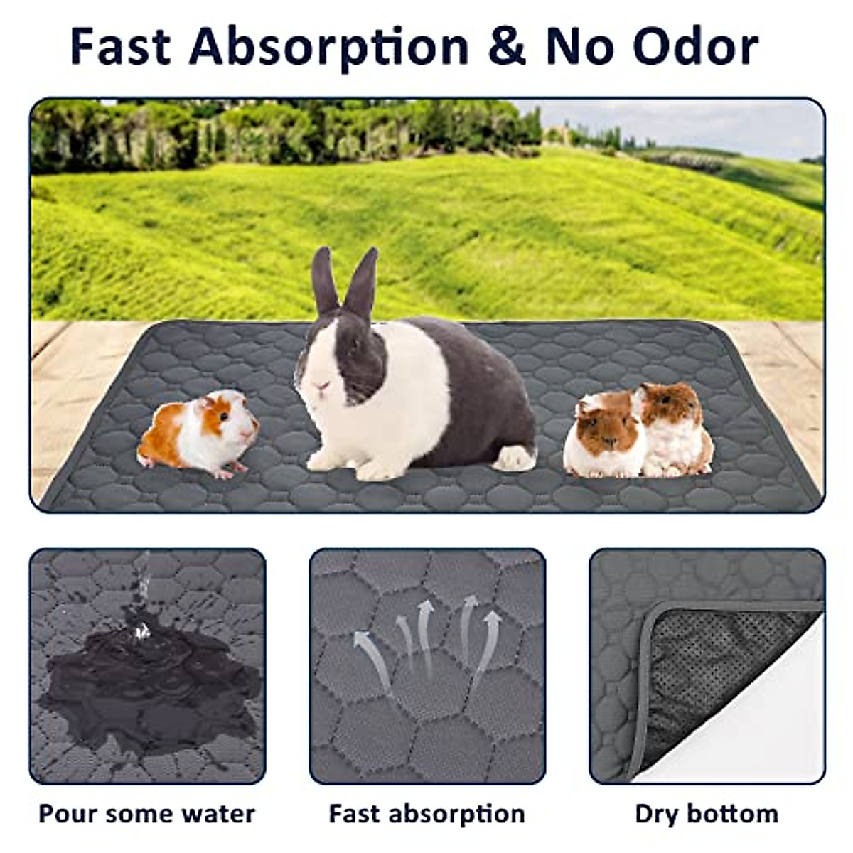 Fhiny 2 PCS Guinea Pig Cage Liner, Washable Guinea Pig Bedding Reusable Small Animal Pee Pads Waterproof Bedding Liners for Rabbit Ferret Chinchilla Kitten Puppy (Medium - 27.5'' x 19.6'' - 2 Pack)