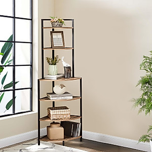 JOIN IRON Freestanding Corner Shelf, Industrial Style 6-Layer Corner Bookshelf with Metal Frame, Suitable for Corner bookcases in Small Spaces, bedrooms, Living Rooms, Rustic Brown