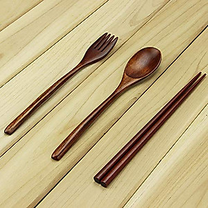 Wooden Spoon and Fork Set, Flatware Set, AOOSY Nanmu Wood Fork Spoon Chopsticks Travel Flatware Set Tableware with Bag, Brown Color