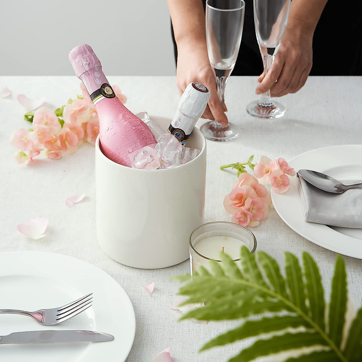 DOWAN Kitchen Utensil Holder, Utensil Holder for Countertop, Utensil Crock, Handmade DIY Gifts, Cooking Utensil Holder with Table-Protection Cork Mat, Farmhouse Kitchen Decor, Cream White