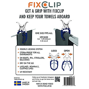 FIXCLIP Navy Blue 6-Pack - Storm Proof & Lockable Clothespin - Large Clips fits Lines & Rails - Multi- Purpose Towel Clips for Boat, Chairs, RV, Camping, Fishing, Stroller, Balcony, Tarps, Garden