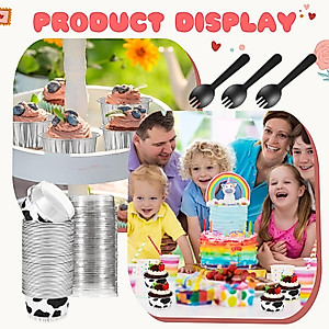 Uiifan 100 Pcs Aluminium Foil Baking Cups with Lids 5oz Cupcake Liners Disposable Ramekin Baking Cups Muffin Tins Cow Print Mini Pie Pans Cake Wrappers Containers with Spoon for Birthday Wedding Party