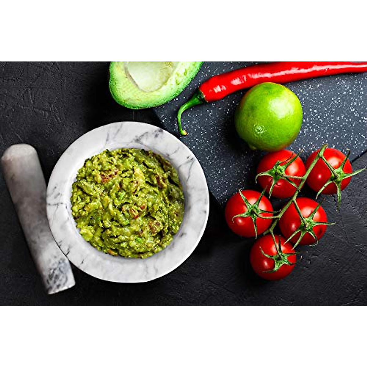 Marble Mortar and Pestle Set - Beautiful Polished White and Grey Veined Marble Mortar and Pestle Set with Garlic Peeler and Anti Scratch, Anti Skid Protective Pad