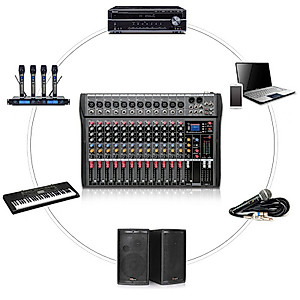 Pro 12 Channels Live Audio Mixer Bluetooth USB DJ Sound Mixing Console with 3 Stage Equalization Regulate 6 Modes Of Music for Family Ktv,Campus Speech,Meeting Etc