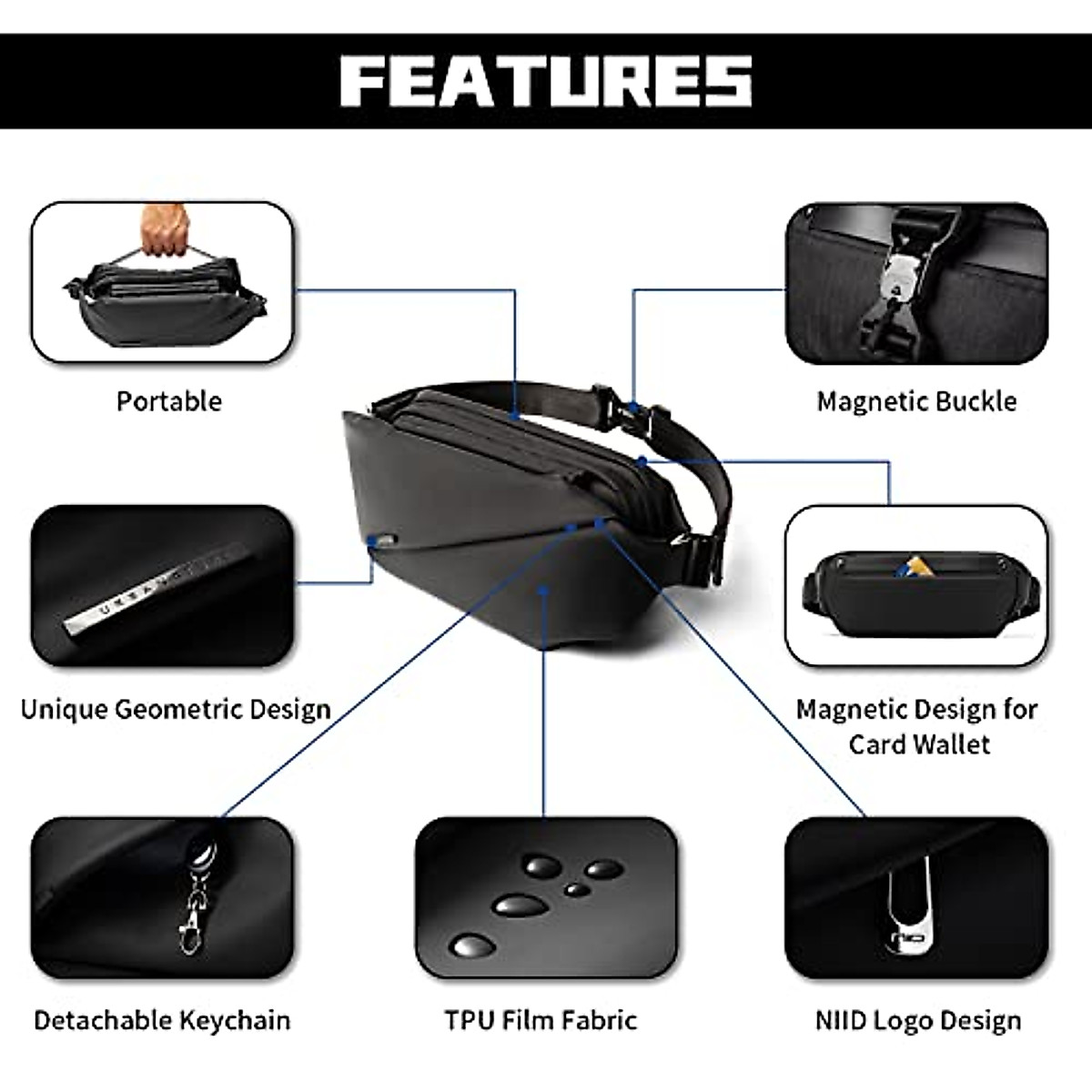 NIID Sling Chest Bag for Men Crossbody,Small Zipper Waterproof Cross Body Shoulder Bags Travel Hiking Daypack(Black)…