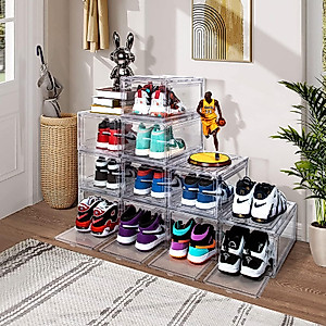 AOHMPT Upgraded 12 Pack Shoe Box,Acrylic Clear Shoe Boxes,Drop Front Shoe Storage Box,Clear Plastic Stackable Sneaker Box,Shoe Containers,Shoe Display Case,Sneaker Storage,Fits Up to Size 15